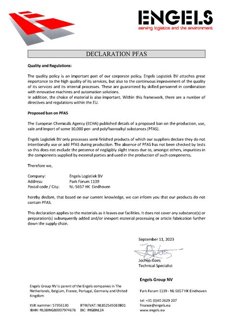 Suppliers Declare That They Do Not Intentionally Use Or Add Pfas Engels