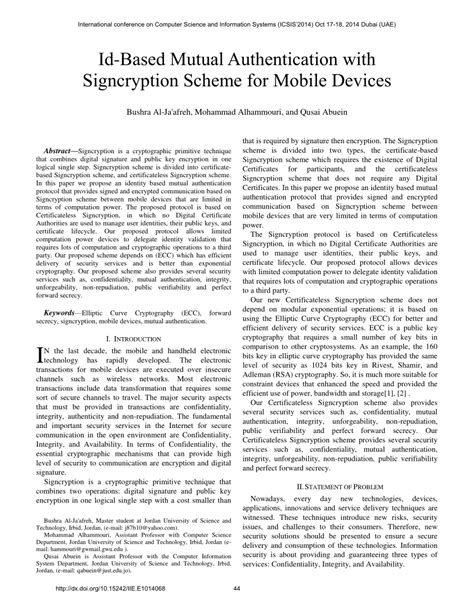 pdf id based mutual authentication with signcryption scheme for mobile devicesenter title
