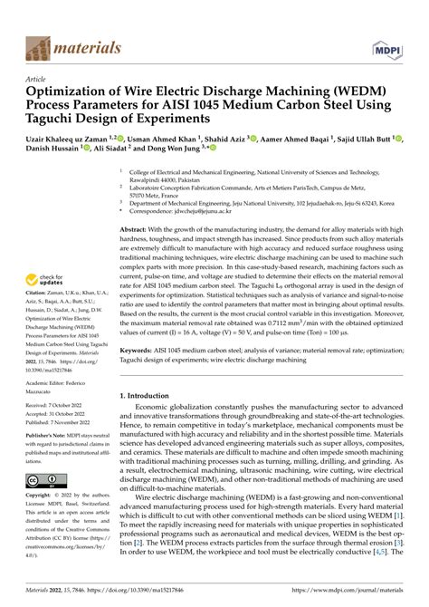 pdf optimization of wire electric discharge machining wedm process parameters for aisi 1045