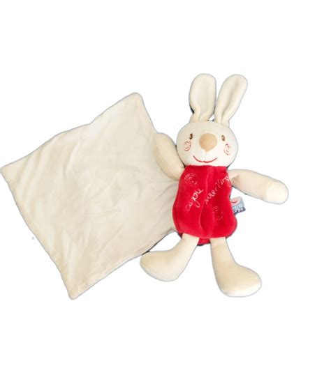Doudou LAPIN Rouge Mouchoir Blanc Cajou SUCRE D ORGE
