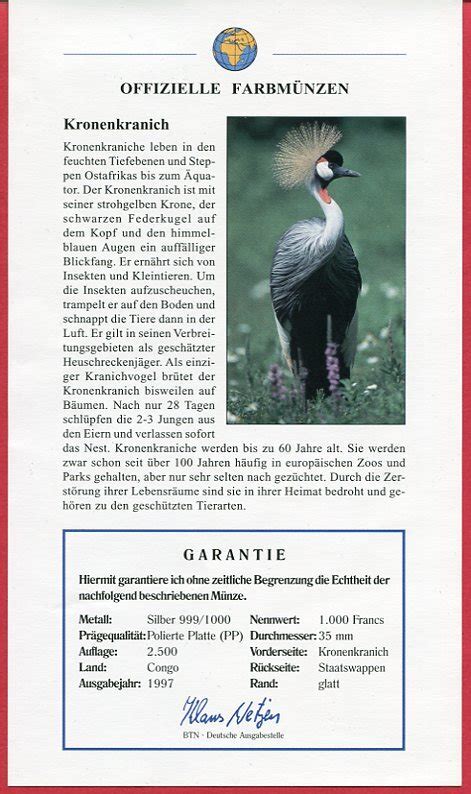 Kongo 1000 Francs Silbermünze 1997 Kronenkranich Gefährdete Tierwelt