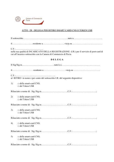 ATTO DI DELEGA PER RITIRO SMART CARD CNS O TOKEN USB