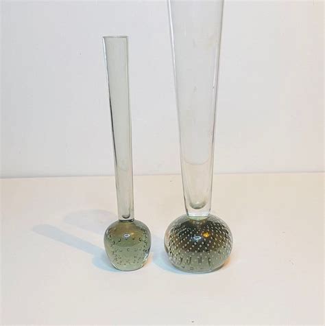 Pair Art Glass Controlled Bubble Vases Smoky Gray Bullicante Bubble