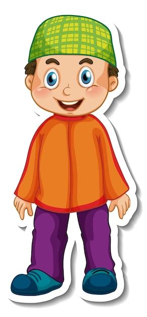 Una plantilla de pegatina con un niño musulmán en un personaje de