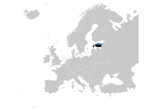 Map Of Estonia With National Flag On Gray Map Of Europe Stock Vector