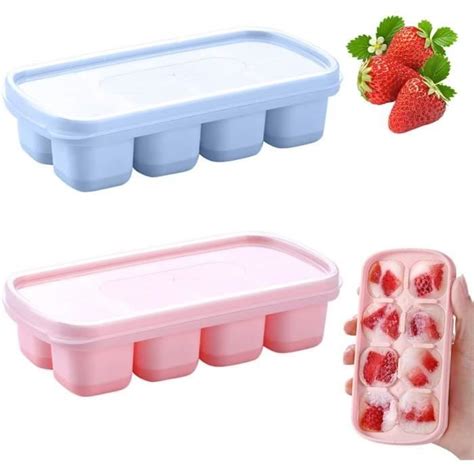 Lot de 2 bacs à glaçons en silicone avec couvercle peu encombrant et