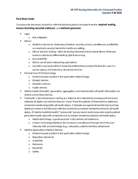 599 Final Exam Study Guide NR 599 Nursing Informatics For Advanced