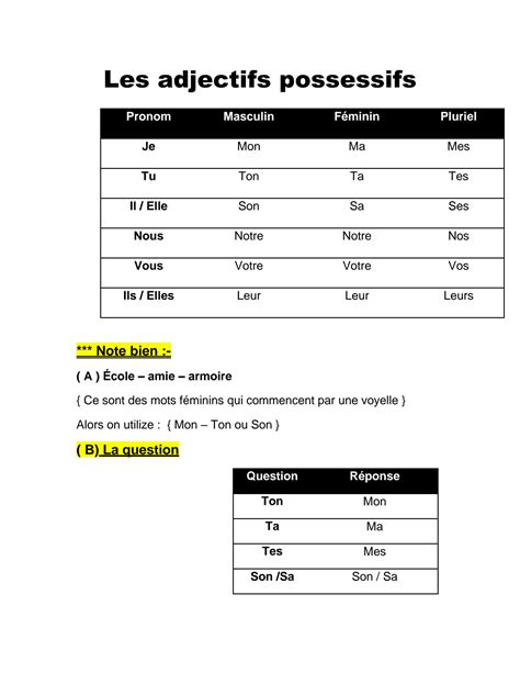 SOLUTION Les Adjectifs Possessifs Studypool