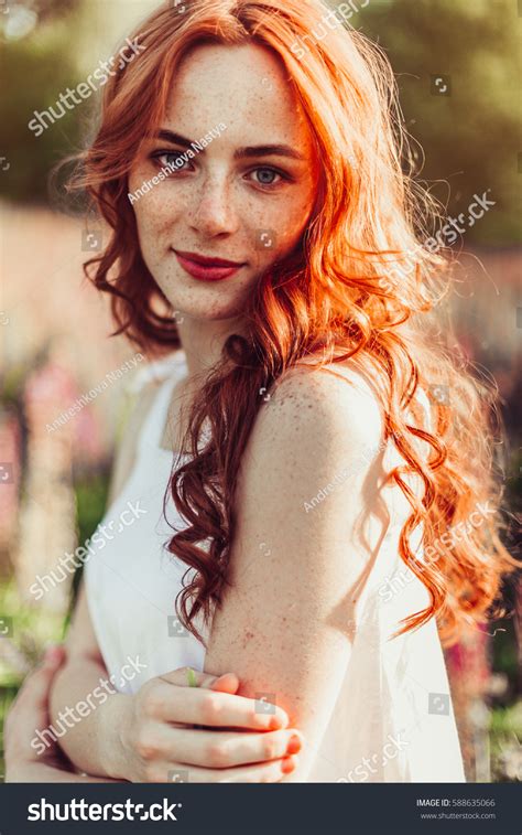 Portrait Beautiful Attractive Ginger Girl Freckles Stock Photo