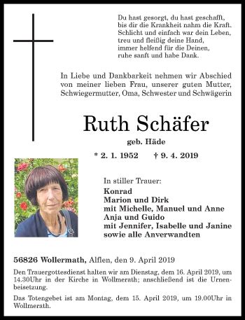 Traueranzeigen von Ruth Schäfer rz trauer de