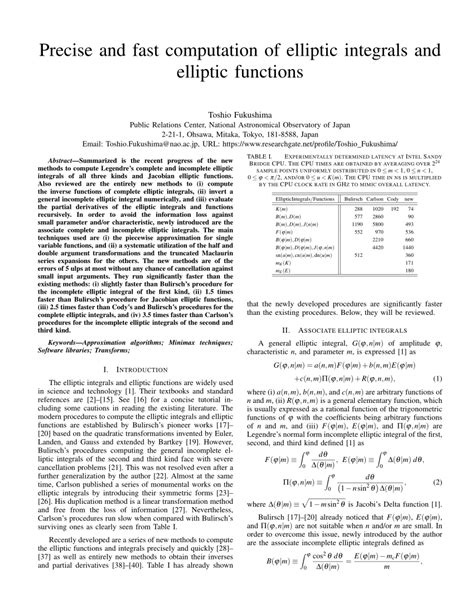 pdf precise and fast computation of elliptic integrals and elliptic functions