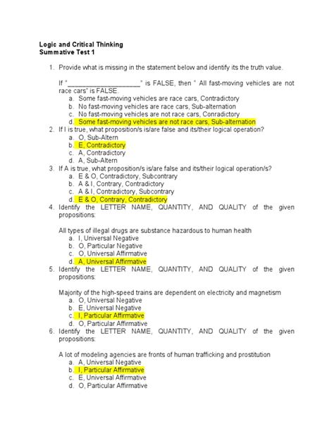logic and critical thinking summative test 1 pdf contradiction proposition