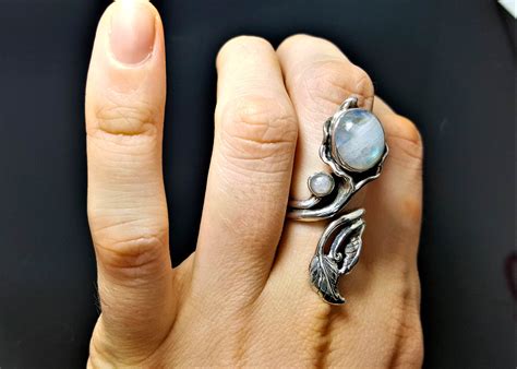 925 Sterling Silver FLower Genuine Moonstone Gemstone Unique Adjustable