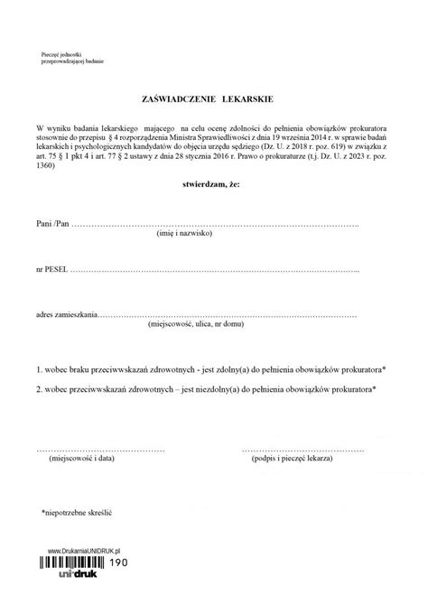 Orzeczenie lekarskie dla osób pracujących przy żywności druk