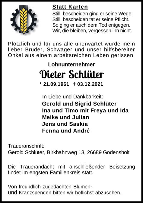 Traueranzeigen von Dieter Schlüter nordwest trauer de