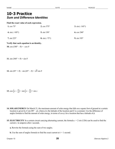 practice worksheet sum and difference identities 1
