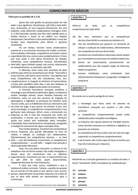 Quadrix Cad Prova 200 208 Assit Administrativo CRT 01 Processo Seletivo