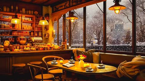 Cozy Winter Coffee Shop Ambience With Smooth Jazz And Snowfall To Relax