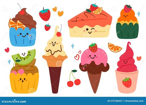 Hand Drawing Cartoon Set Of Cute Dessert Sticker Set Stock Vector