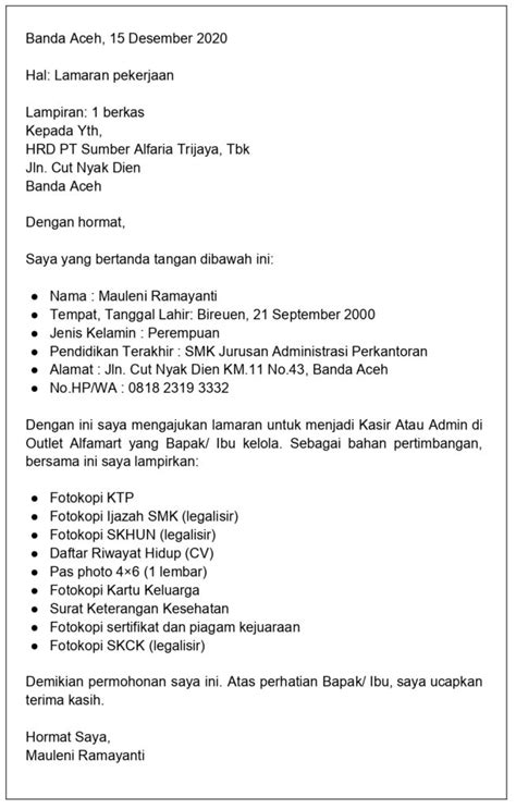 Surat Lamaran Kerja Alfamart Adi Setyo