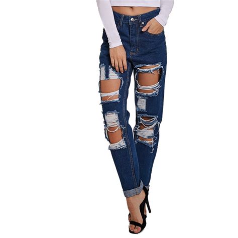 Hip Hop High Waist Jeans Women Denim Slim Jeans Torn And Frayed Ripped Honeybee Line