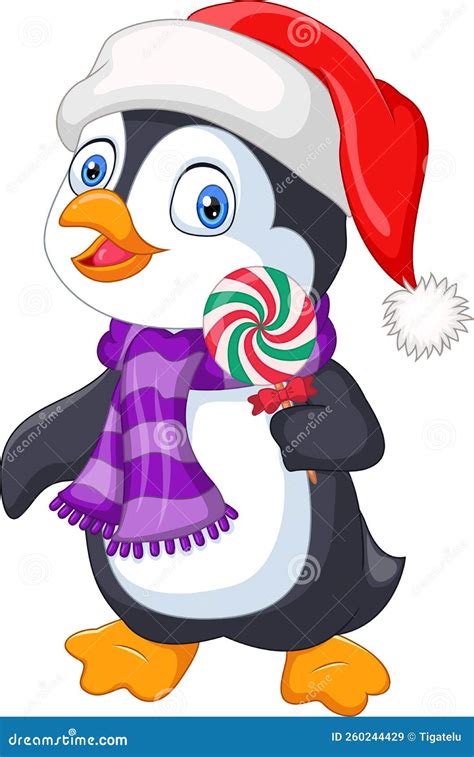 Cartoon Penguin Wearing Hat And Scarf Holds A Lollipops Stock Vector