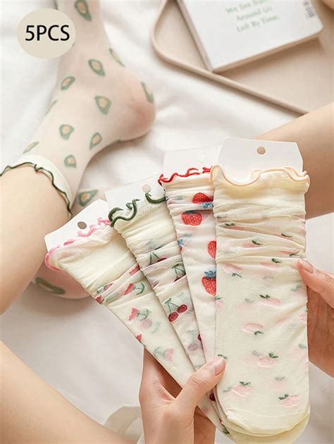5 pares de meias femininas de verão até o meio da perna finas de