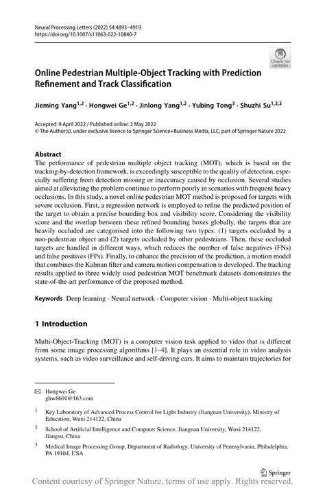 online pedestrian multiple object tracking with prediction refinement and track classification