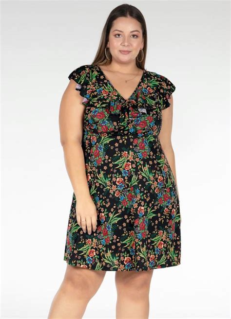 Vestido Curto Floral Babado Plus Size Marguerite