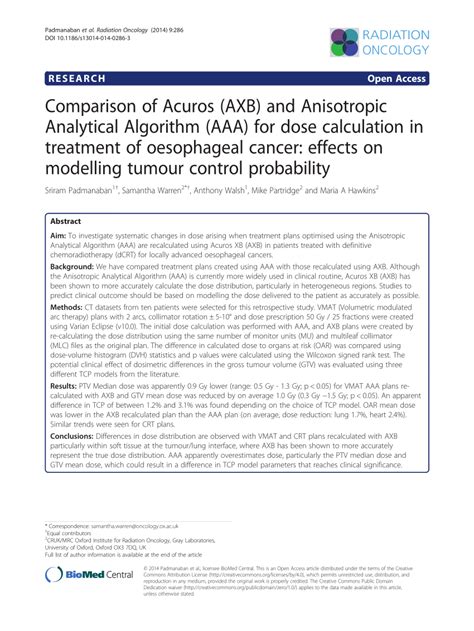 pdf comparison of acuros axb and anisotropic analytical algorithm aaa for dose calculation