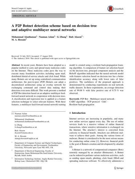 pdf a p2p botnet detection scheme based on decision tree and adaptive multilayer neural networks