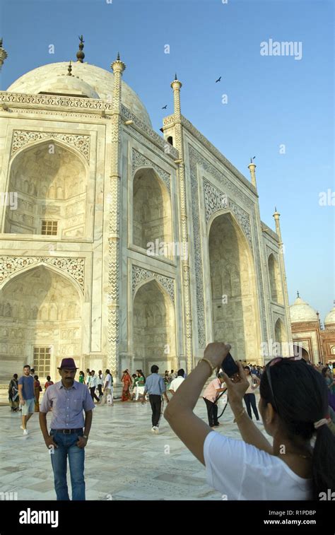 Tourists Make Photos At The Taj Mahal The World Famous White Marble