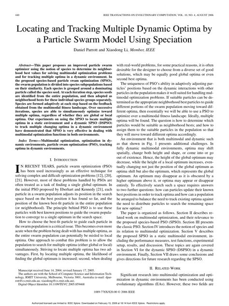 pdf locating and tracking multiple dynamic optima by a particle swarm model using speciation