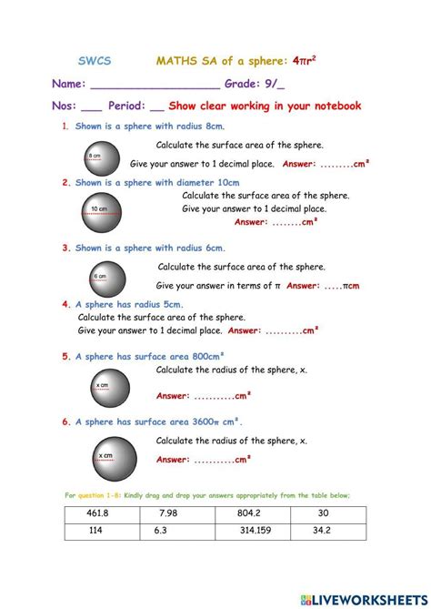 Surface Area Of A Sphere GSCE G9 Worksheet Live Worksheets