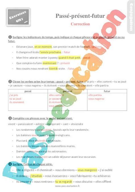 Le passé le présent et le futur au Cm1 Evaluation et bilan avec la