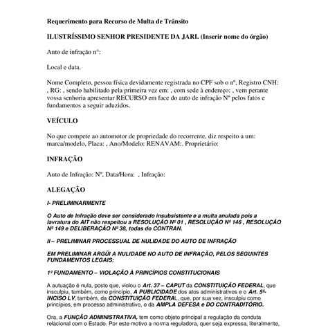 Modelo De Recurso Contra Multa De Tr Nsito Velocidade Acima Do