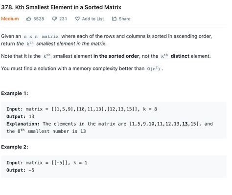 leetcode 378 kth smallest element in a sorted matrix smddddddddddd medium