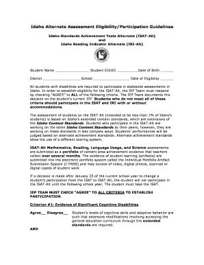 Fillable Online Sde Idaho Idaho Alternate Assessment Eligibility