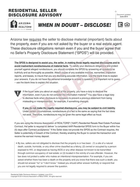 Arizona Residential Seller Disclosure Advisory Form Fill Out Sign