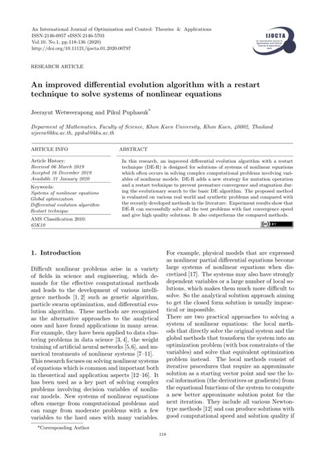 pdf an improved differential evolution algorithm with a restart technique to solve systems of