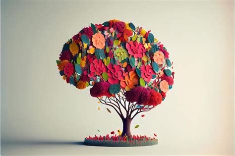 Árbol del cerebro humano con flores autocuidado y concepto de salud