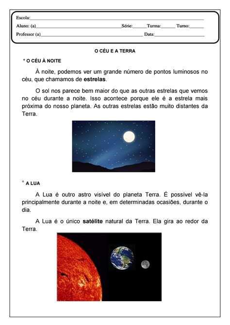 Ciências o céu e a terra dia e noite Atividade de ciências para