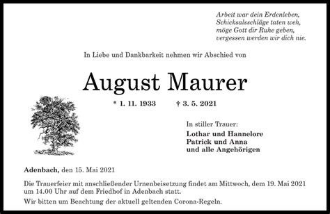 Traueranzeigen Von August Maurer Rz Trauer De