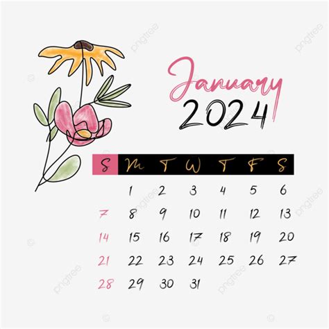 Fundo Transparente Do Calendário Mensal Floral De Janeiro De 2024 Vetor