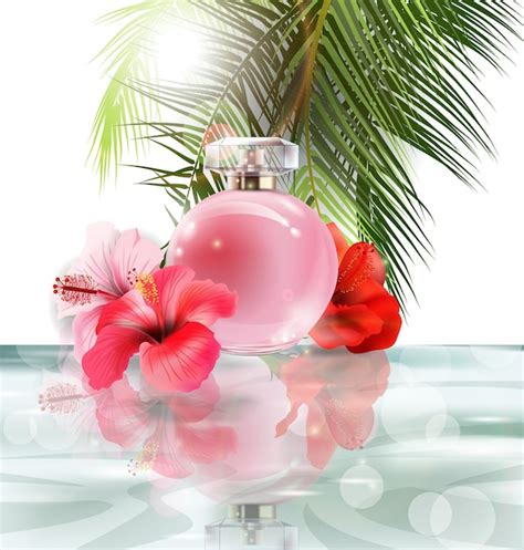 Beau Flacon De Parfum Rose Sur Fond D Eau De Fleurs D Hibiscus Et De