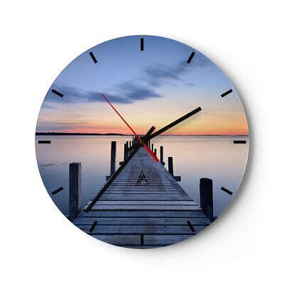 Horloge Murale En Verre 30x30cm Coucher De Soleil Lac Eau Pont Wall