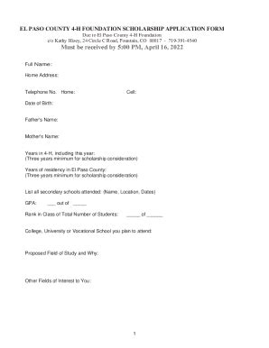 Fillable Online EL PASO COUNTY 4 H FOUNDATION SCHOLARSHIP APPLICATION