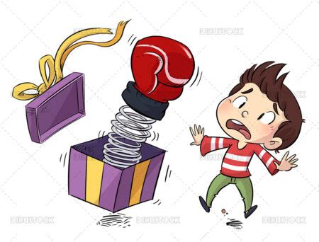 Ilustración de niño abriendo un regalo con una broma sorpresa