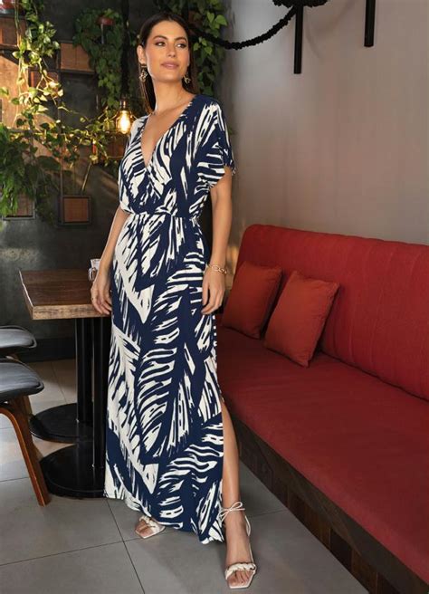 Vestido Folhagem Marinho Longo Fendas Quintess