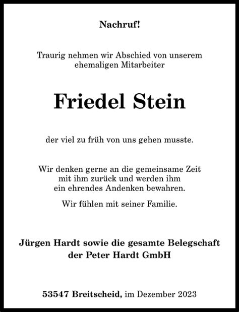 Traueranzeigen Von Friedel Stein Rz Trauer De